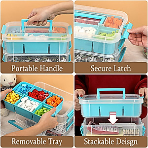 BTSKY 3 Layer Stack & Carry Box, Plastic Multipurpose Portable Storage Container Box Handled Organizer Storage Box with Removable Tray for Organizing Sewing, Art Craft, Supplies Blue