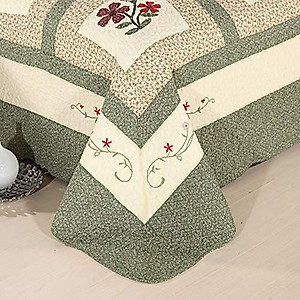 vctops 3 Piece Embroidered Floral Quilted Bedspread Quilt Set 100% Cotton Reversible Patchwork Coverlet Set 1 Quilt and 2 Pillow Shams (Green,King)