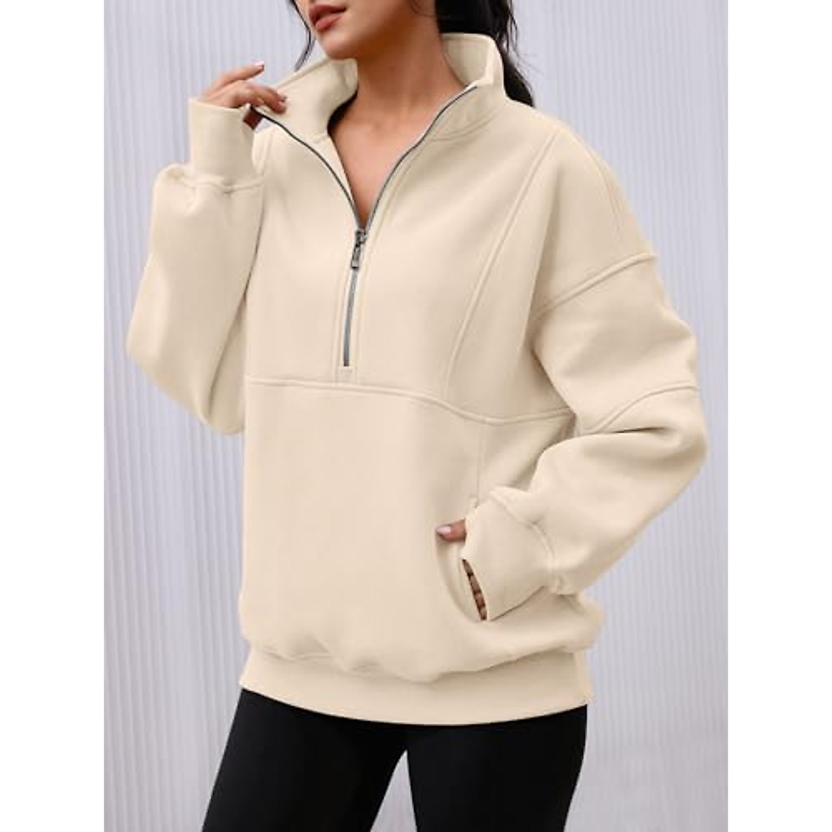 AUTOMET Women's Half Zip Oversized Sweatshirts Fleece Pullover Long Hoodies Casual Mock Turtleneck Sweaters with Pockets Apricot XL