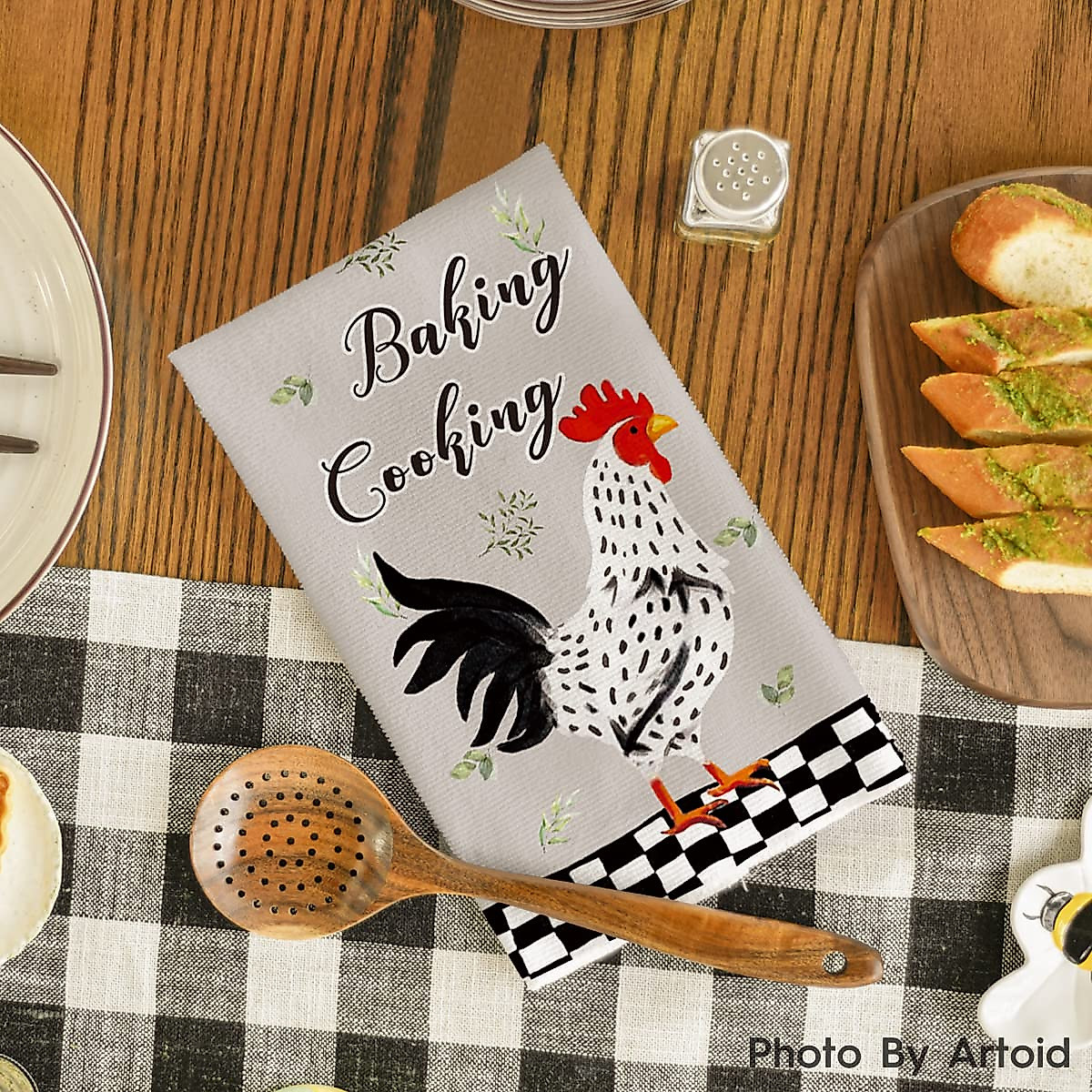 Artoid Mode Geometric Grid Baking Cooking Chickens Kitchen Towels Dish Towels, 18x26 Inch Seasonal Leaves Decoration Hand Towels Set of 4