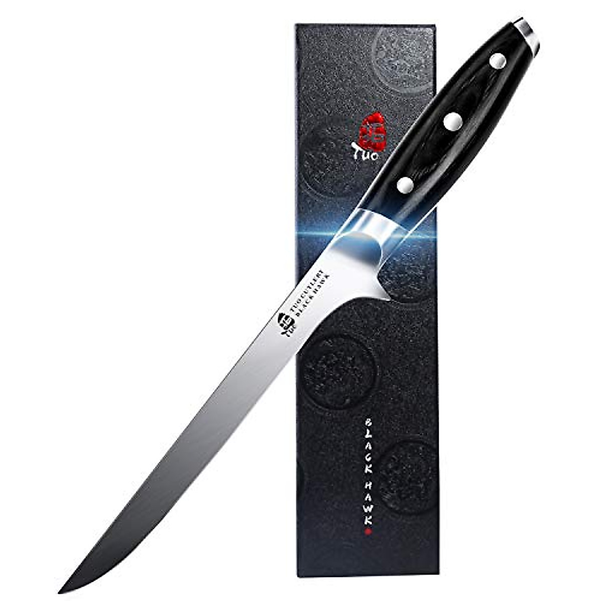 TUO Boning Knife - 7 inch Fillet Knife Flexible Kitchen Knives - German HC Steel Blade for Poultry and Fillet Fish - Full Tang Pakkawood Handle - BLACK HAWK SERIES with Gift Box