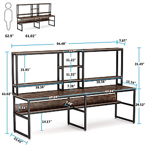 Tribesigns 94.5 inch Two Person Desk with Hutch, Double Workstation Computer Desk with Storage Shelves, Large Industrial Office Desk Study Writing Table with Bookshelf for Home Office, Rustic Brown