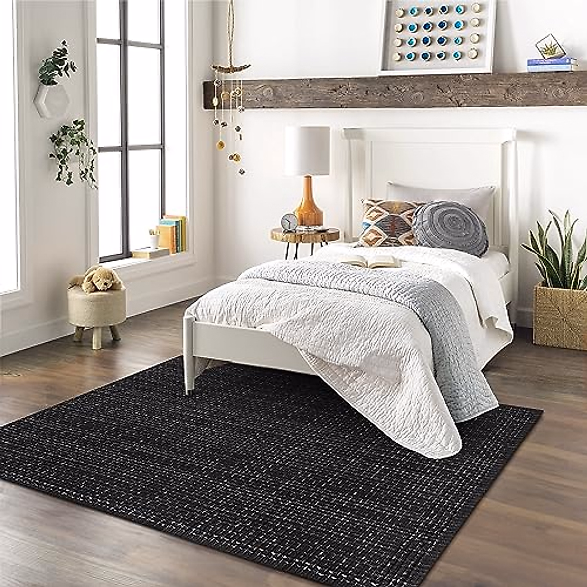 Nailttos Washable Living Room Rug 4' x 6', Woven Cotton Black Rug for Bedroom, Machine Washable Low-Plie Kitchen Mat Woven Rug for Bedroom Playroom Dining Room