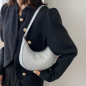 CLZOUD Ladies Fashion Solid Color Sequins Leather Shoulder Bag Metal Zipper Handbag Mini Shoulder Bag (Silver, One Size)