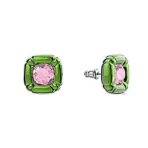 SWAROVSKI Dulcis Pierced Stud Earrings, Pink Precision-Cut Crystals on Glossy Bright Green Setting, Part of the Swarovski Dulcis Collection