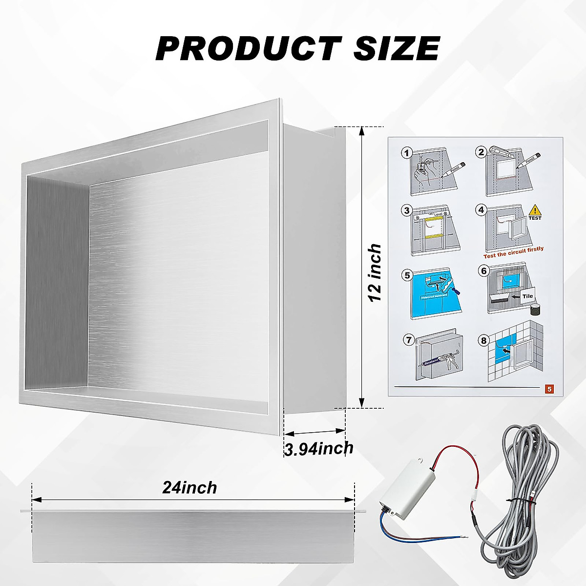 Hicarer Stainless Steel Shower Niche LED Light Recessed Niche Shower Waterproof Recessed Wall Mounted No Tiling Required Shower Alcove for Bathroom Storage Installation (Gray,12 x 24 Inch)