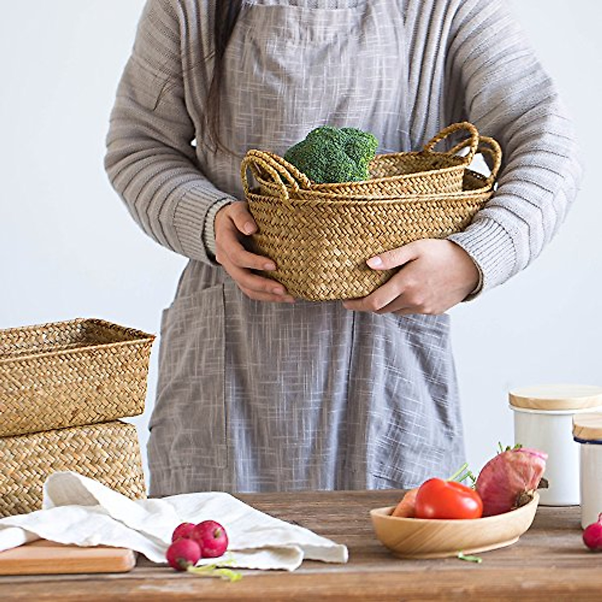 DOKOT Woven Baskets For Storage, Rattan Baskets With Handles For Kitchen, Wicker Baskets For Storage Organizer, Small Baskets for Fruits , Seagrass Baskets Set of 3