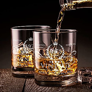50th Birthday Gifts for Men Whiskey Glass Set - 50th Birthday Decorations, Party Supplies - 50 Year Anniversary, Bday Gifts Ideas for Him, Dad, Husband, Friends - Wood Box & Whiskey Stones & Coaster
