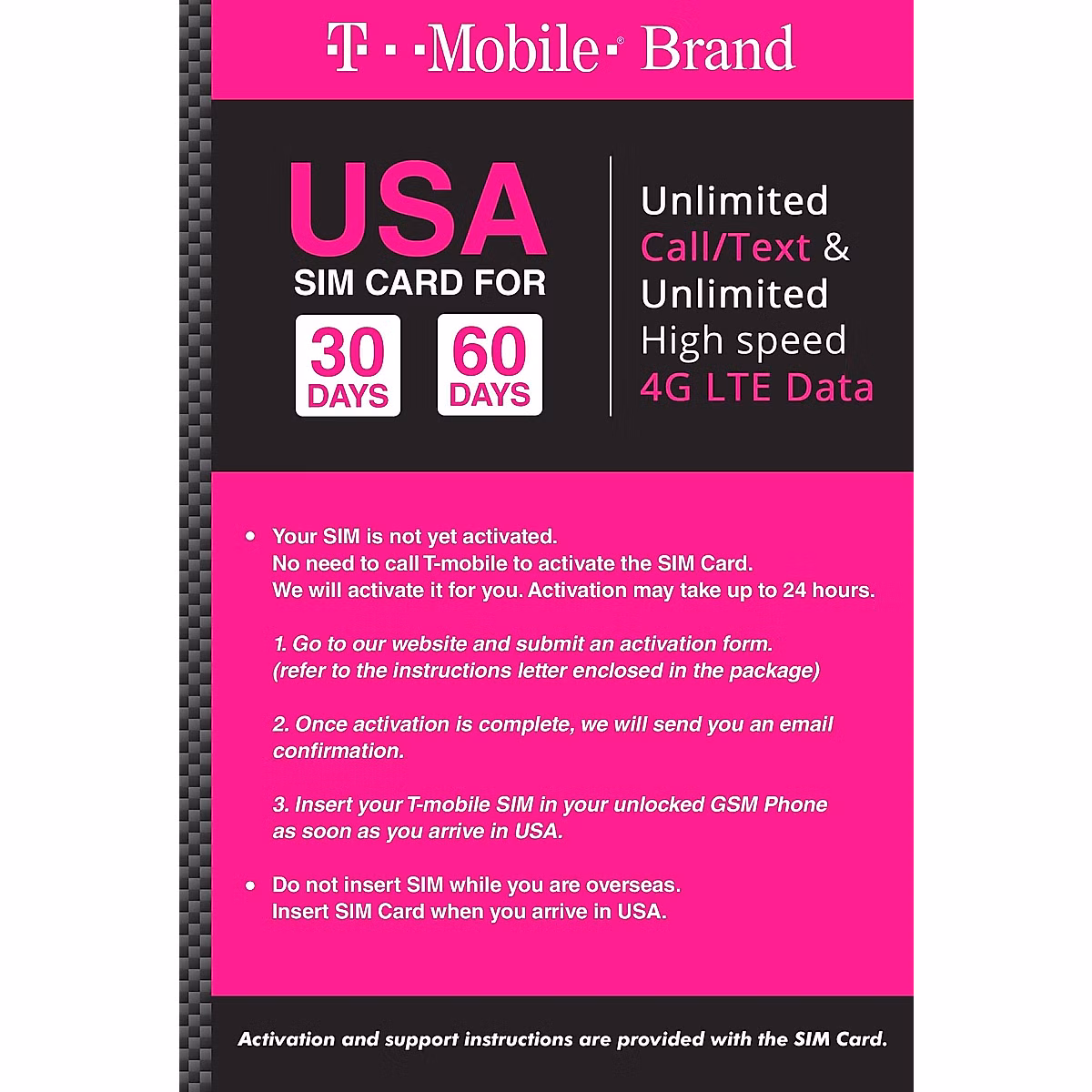 T-mobile Brand USA Prepaid Travel SIM Card Unlimited Call, Text and 4G LTE Data (for use in USA only) (for Phone use only. NOT for Modem/WiFi Devices) (30 Days)