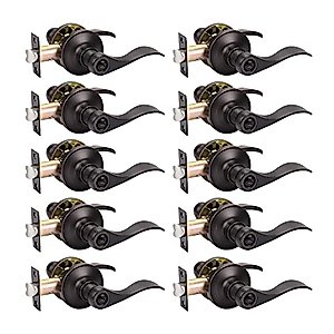 KNOBWELL 10 Pack Oil Rubbed Bronze Door Handle, Privacy Door Lever Bed and Bath Leverset Lockset, Oil Rubbed Bronze Finish, Universal Handing, Drop Lever Shape