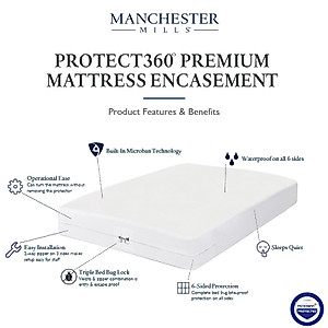 Manchester Mills Protect360 Premium Mattress Encasement and Protector – Twin XL, Microban Product Protection, Knitted Polyester, Waterproof, Bed Bug Prevention, 12" Depth, White