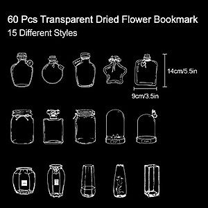 60 Pcs Transparent Dried Flower Bookmarks with Grosgrain Ribbon, DIY Clear Glassware Bottle Shape Stickers Beautiful Herbarium Floral Page Bookmark Craft