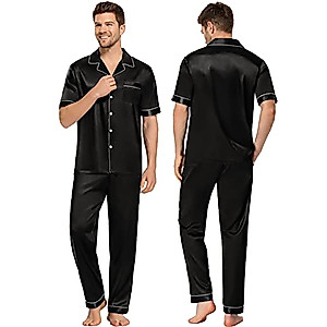 SWOMOG Pajamas Sets Women Silk Satin Sleepwear Short Sleeve Pjs Top with Long Pants Nightwear Set Loungewear Set Black