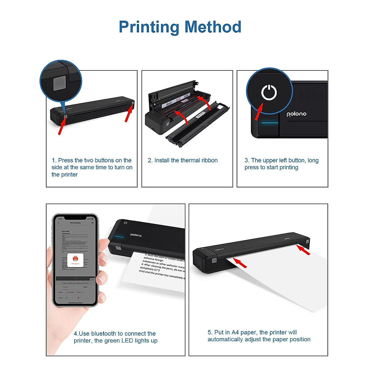 POLONO Portable Printer, MT800 2.0 Wireless Bluetooth Thermal Printer, Support 8.5" X 11" US Letter, Compatible with Android and iOS Thermal Ribbon Support MT800 (216mm) Portable Thermal Printer
