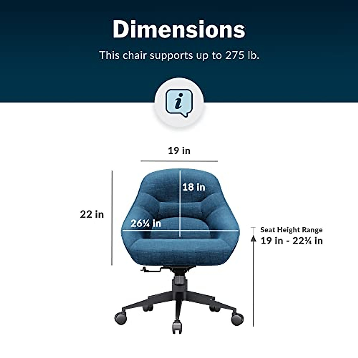 Vari Upholstered Desk Chair (VariDesk) - Comfortable Computer Chair with Memory Foam Cushion - Home Office Chair with Wheels - Adjustable Height Swivel Chair (Azure Blue)