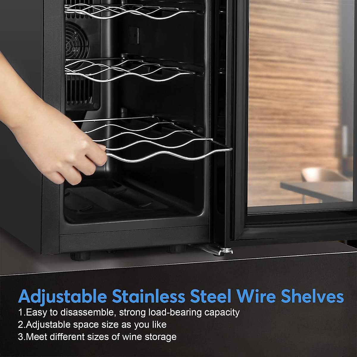 8 Bottle Small Wine Fridge, Mini Wine Cooler with Removable Shelves Interior Light Digital Touch Control, Double-Layer Tempered Glass Door Wine Cooler Refrigerator