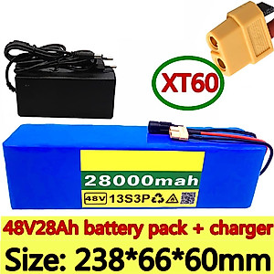 Tiahf 48V 28Ah E-Bike Battery, 13S3p Electric Scooter Lithium Ion Battery with Xt60 Plug +Charger, Built-in 30A BMS, for 350W 500W 750W 1000W Motor Ebike Electric Bicycle