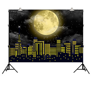 Super City Superhero Backdrop for Photography 7x5FT Yellow Full Moon Skyline Cityscape Theme Photo Background Baby Shower Boys Birthday Party Cake Table Decoration Banner Props (84x60 inch)