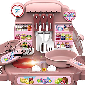 Kitchen Toys Imitated Chef Light Music Pretend Cooking Food Play Set Children Girl Toy Gift Fun Game Toy Kitchen Sink with Running Water and Electronic Induction Stove (blue kitchen and more food)