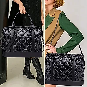 LEDAOU Weekender Travel Overnight Bag Women Ladies Quilted Carry On Tote Duffle Bag with Luggage Sleeve (Quilted Black)