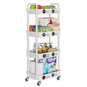 Laiensia 4-Tier Storage Cart,Multifunction Utility Rolling Cart Kitchen Storage Organizer,Mobile Shelving Unit Cart with Lockable Wheels for Bathroom,Laundry,Living Room,With Classified Stickers,White