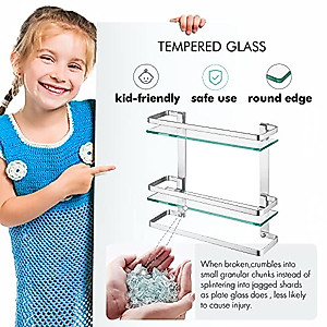 KES Bathroom Tempered Glass Shelf 2 Tier Storage Glass Shelf Rectangular with Bar Wall Mounted Sand Sprayed Anodized Aluminum Finish, A4127B