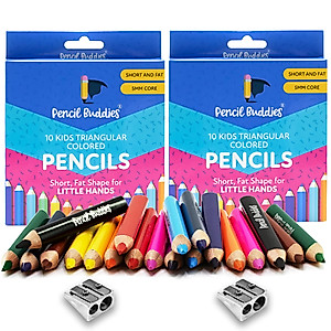 Short Fat Colored Pencils for Kids - 10 Triangle Jumbo Color Pencils for Ages 2-6, Preschool, Toddlers & Beginners, Color Pencils for Kids - Pre Sharpened Toddler Coloring Pencils Set With Sharpener