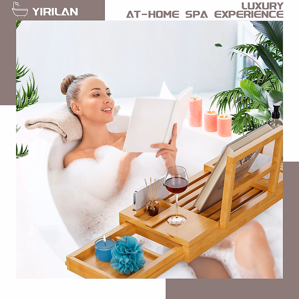 Yirilan Bamboo Bathtub Tray, Expandable Bathroom Tray, Waterproof Tray Caddy, Perfect Bath Caddy for Home Spa, Gift for Loved Ones, Bamboo