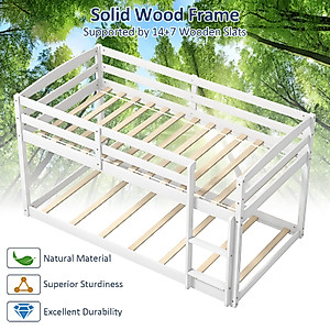 Giantex Twin Low Bunk Bed, Solid Wood Twin Over Twin Bunk Bed Frame with Full Guardrails & Integrated Ladder, Floor Twin Bunk Beds for Kids Boys and Girls, No Box Spring Needed, White