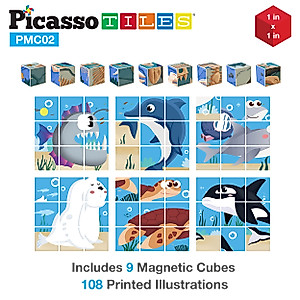 PicassoTiles 1” Magnetic Puzzle Cubes for Kids, 3D Sea Ocean Animal 63pcs Exploration Blocks, Kids Focus Learning & Stacking Toys, STEM Educational Preschool Toddler Classroom Activity, Boys Girls