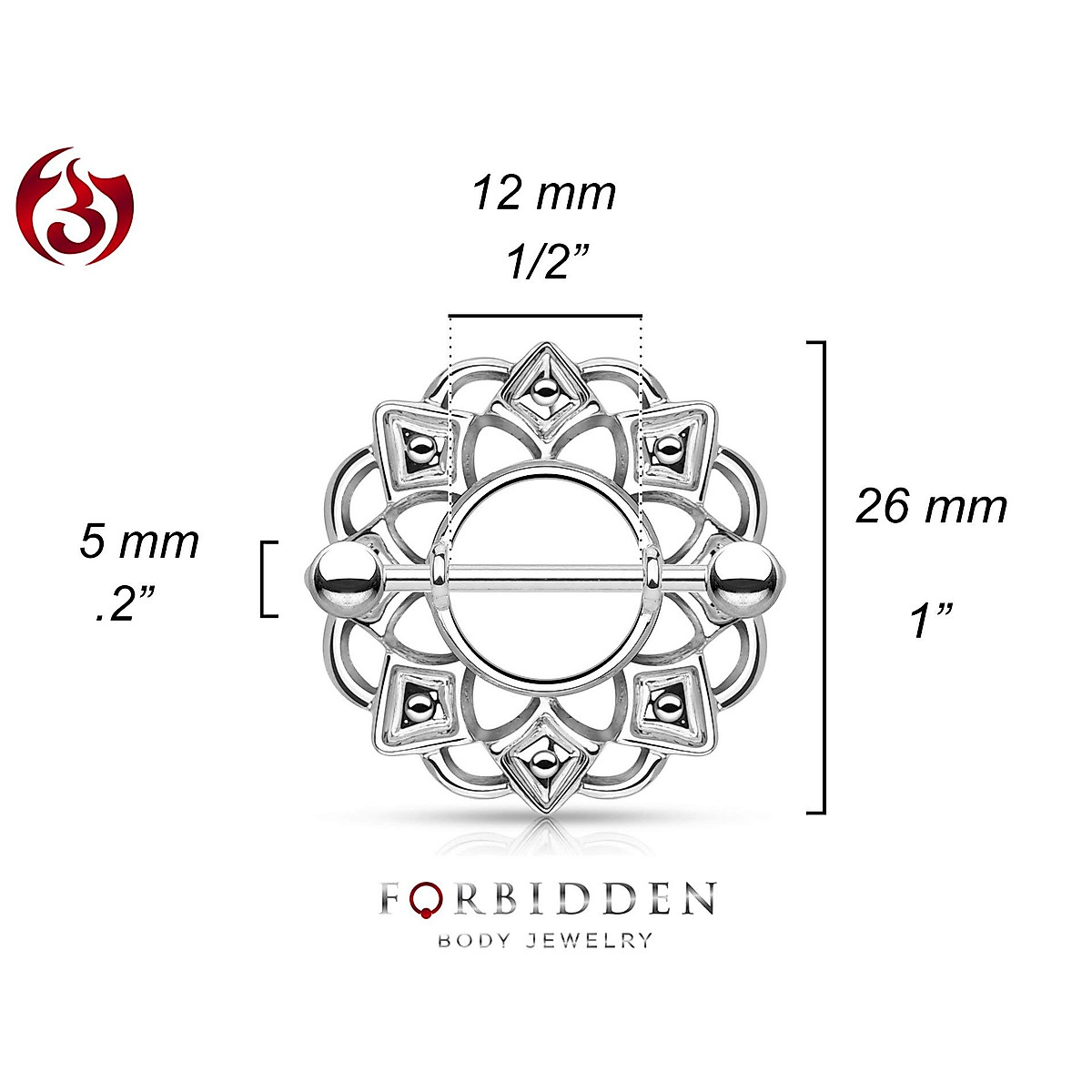 Forbidden Body Jewelry Pair of Surgical Steel Tribal Sun Nipple Ring Shields, 5/8 Inch Barbells, Silver Tone