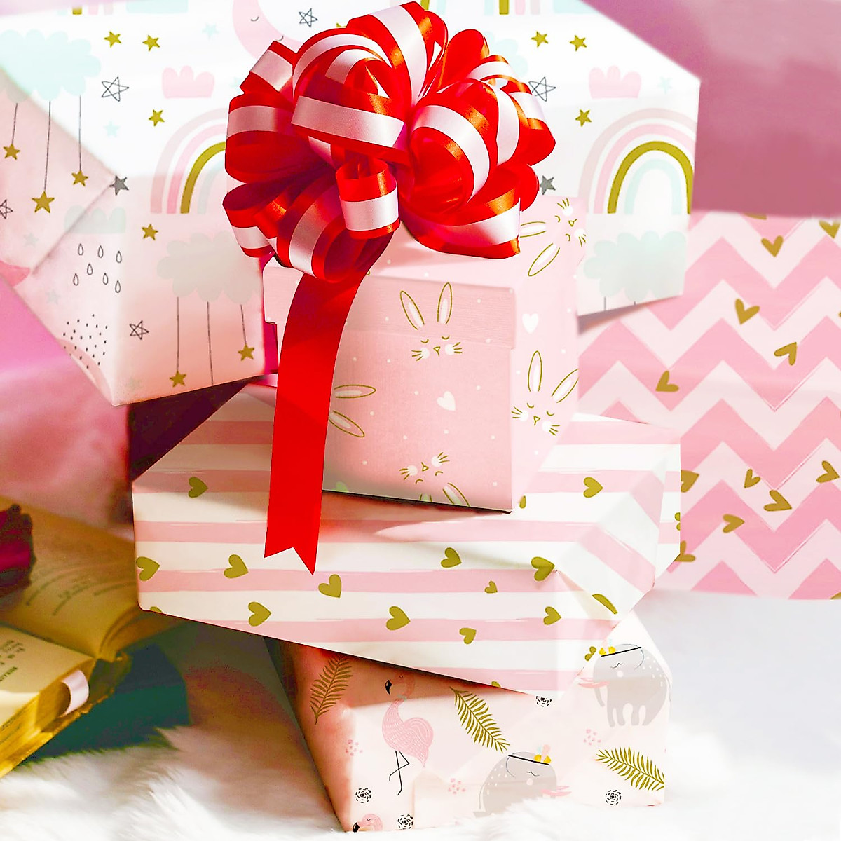 MAMUNU 6 Sheets Gift Wrapping Paper, Pink and Gold Folded Wrapping Paper with Heart, Bunny, Rainbow, Flamingo and Crown Designs for Women Girls Kids Birthday, Valentine's Day, Wedding, Baby Shower 50x70CM