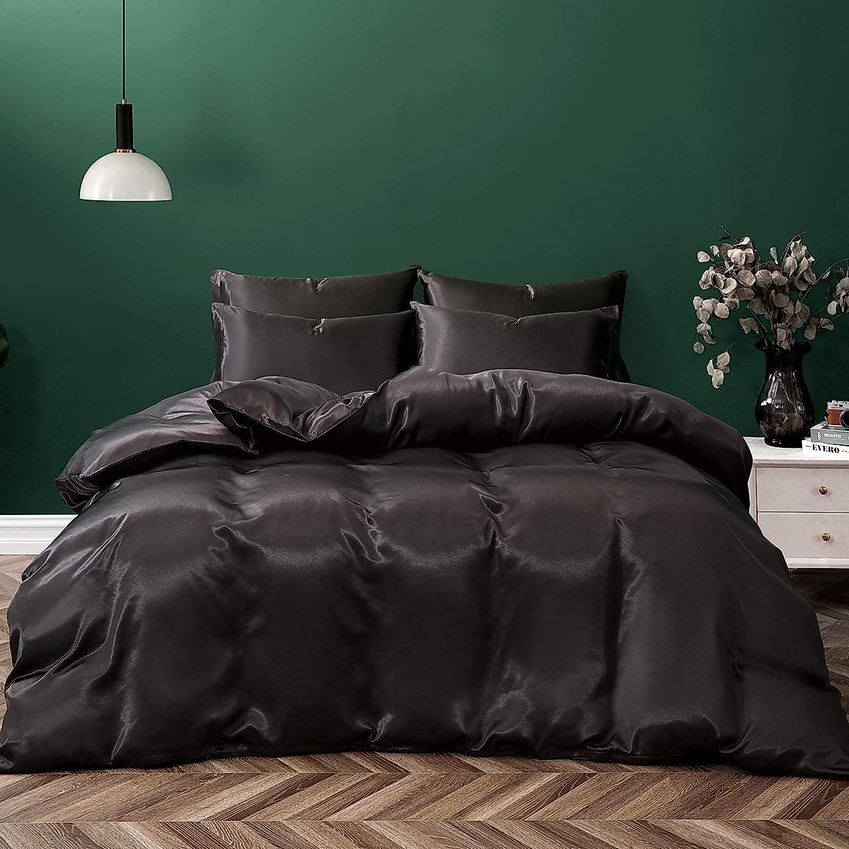 Pride Beddings 5 Pieces Satin Duvet Cover California King Size Black Duvet Cover Bedding Set with Zipper Closure, 1 Duvet Cover + 4 Pillow Cases