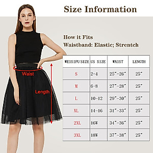 WEISIPU Women's 6 Layer Short A Line Elastic Waistband Tutu Tulle Prom Princess Midi Dance Skirt Black M