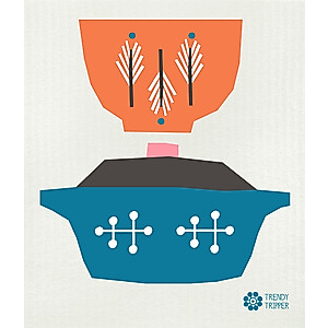 Trendy Tripper Swedish Dishcloths/Sponge Cloths - Anna Kovecses Midcentury Designs - Set of 3 Kettle/Cups/Bowls (Cobalt Blue/Yellow/Orange on Natural)