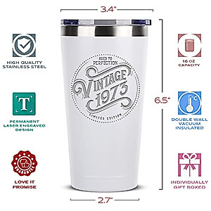 Sodilly Coffee Tumbler - Vintage 1973 Design - Ideal for 50th Birthday Celebrations - 50th Birthday Cups for Women - Vintage Tumbler - 50 Fabulous - Insulated Stainless Steel Tumbler - 16 oz White