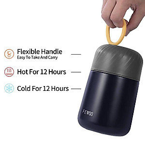 FEWOO Food Thermos - 20oz Vacuum Insulated Soup Container, Stainless Steel Lunch box for Kids Adult, Leak Proof Food Jar with Folding Spoon for Hot or Cold Food (Midnight Blue)