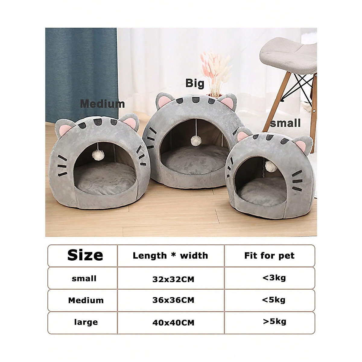 QWINEE Indoor Cat Bed Cave with Removable Cushion - Pet Plush Tent House Cartoon Ear Design Pet Bed with Pompom for Cats Kitten Dogs Puppy and Rabbit Multicolor L