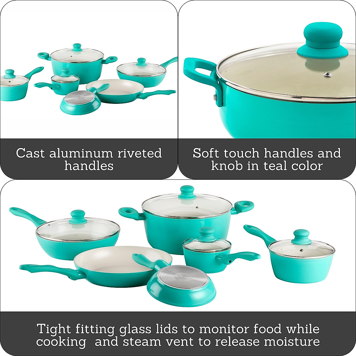 IMUSA USA 10pc Forged Nonstick white Interior Ceramic Teal Cookware Set