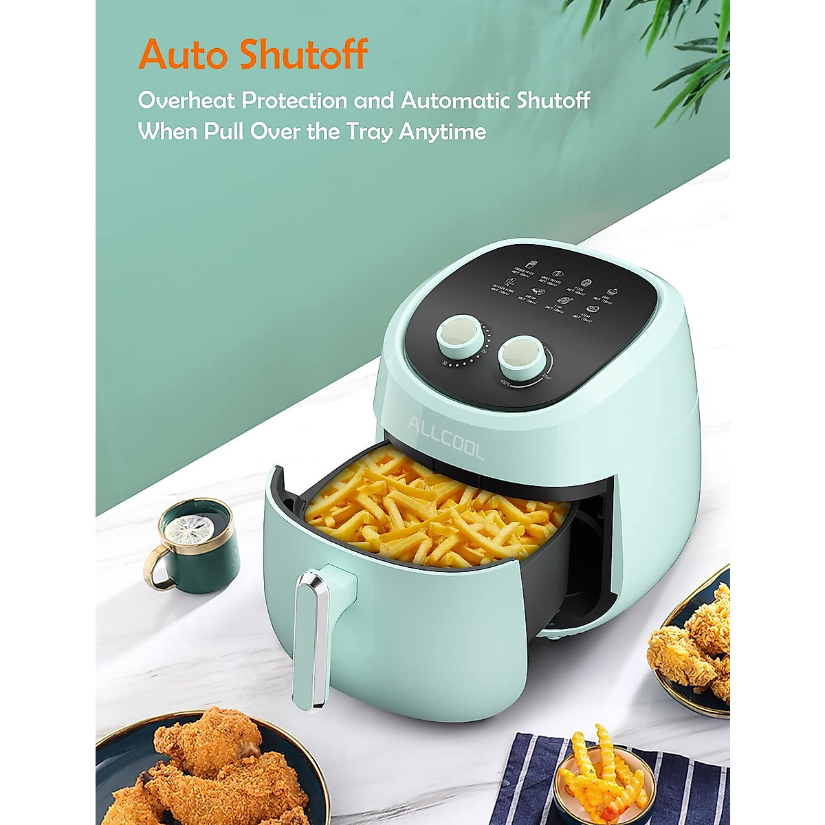 ALLCOOL Air Fryer 4.5 QT Fit for 2-4 People Easy to Use with 8 Cooking References Auto Shutoff Blue Air Fryer