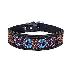 Leather Dog Collar Extra Small Size Western Style Heavy Duty Hand Tooled Adjustable Beaded and Padded Soft for Puppies and Big Dogs 10AB032-XS