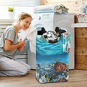 XLING Collapsible Laundry Basket Tropical Fish Ocean Animal Turtle,Foldable Laundry Hamper Washing Clothes Basket Bin Storage Bag Organization with Handles