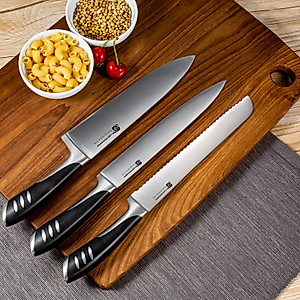 Premium 8-Piece German High Carbon Stainless Steel Kitchen Knives Set with Rubber Wood Block, Professional Double Forged Full Tang Chef Knife Set