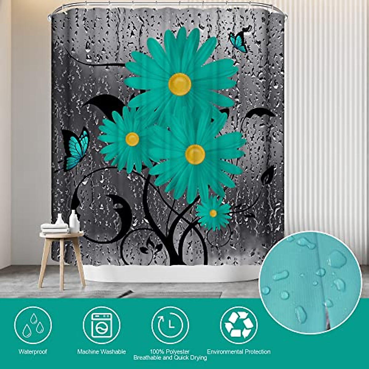 4Pcs Green Daisy Shower Curtain Sets with Non-Slip Rugs, Toilet Lid Cover and Bath Mat, Floral Butterfly Bathroom Decor Set Accessories Waterproof Shower Curtains with 12 Hooks, 72 x 72 Inch