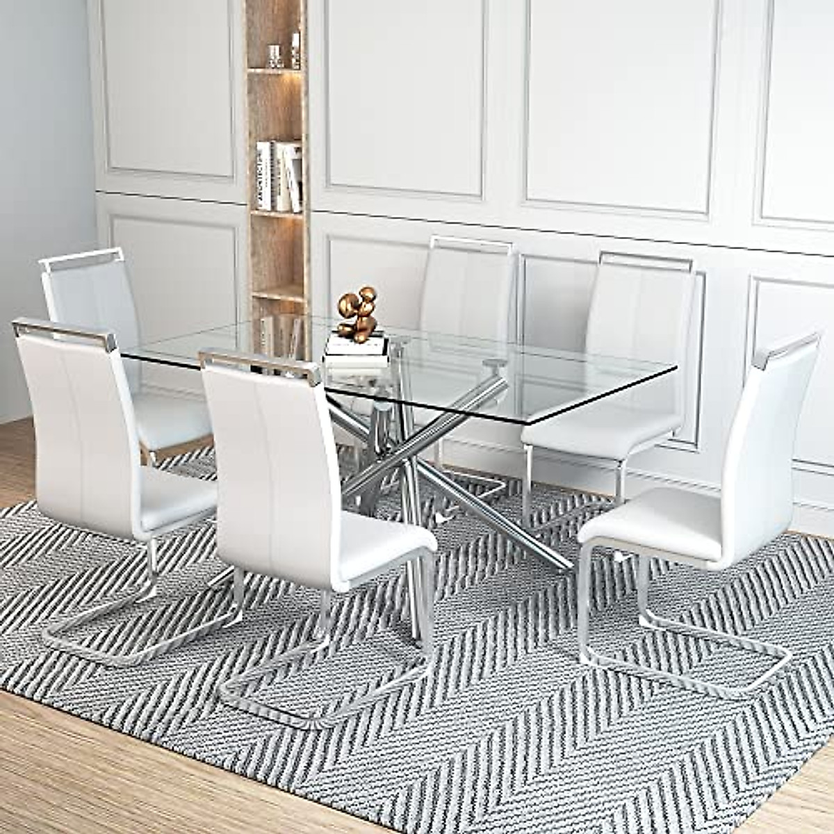Ebullient 63" Glass Dining Table Set for 6 Modern Tempered Glass Top Dining Room Table with 6 Pcs White Faux Leather Dining Chairs，Kitchen & Dining Room Sets (Silver Base, White)