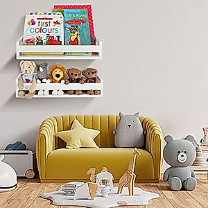 Satauko Wooden Floating Bookshelf for Nursery Storage, White Wall Mounted Shelves for Kitchen Spice Rack, Wall Hanging Shelf Organizer for Entryway, Bathroom, Bedroom, Living Room.(Set of 2)