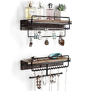J JACKCUBE DESIGN Rustic Wood 2 Tier Jewelry Organizer, Hanging Wall Mount Accessories Display Rack for Earrings, Necklaces, Breacelet, Rings, Scrunchies with Shelf- MK628A (Rustic Wood)