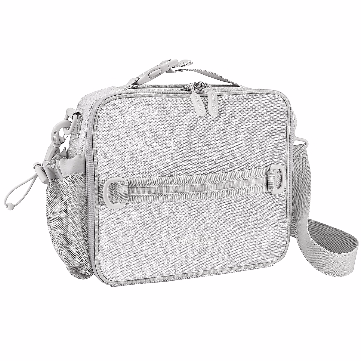 Bentgo® Kids 5-Compartment Lunch Box Set With Insulated Lunch Bag and 2-in-1 Backpack & Insulated Lunch Bag (Glitter Edition - Silver)