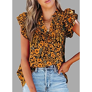 SHEWIN Womens Blouses Dressy Casual Sexy V Neck Short Sleeve Business Casual Tops for Women Ladies Tops and Blouses Yellow Large