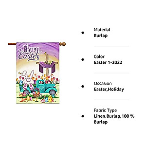 Easter Flag, Happy Easter Flags for Outdoors 28 x 40 Double Sided, Easter Bunny Eggs with Blue Truck Tulip Flowers Burlap House Flag, Holiday Spring Garden Yard Lawn Signs for Home Outside